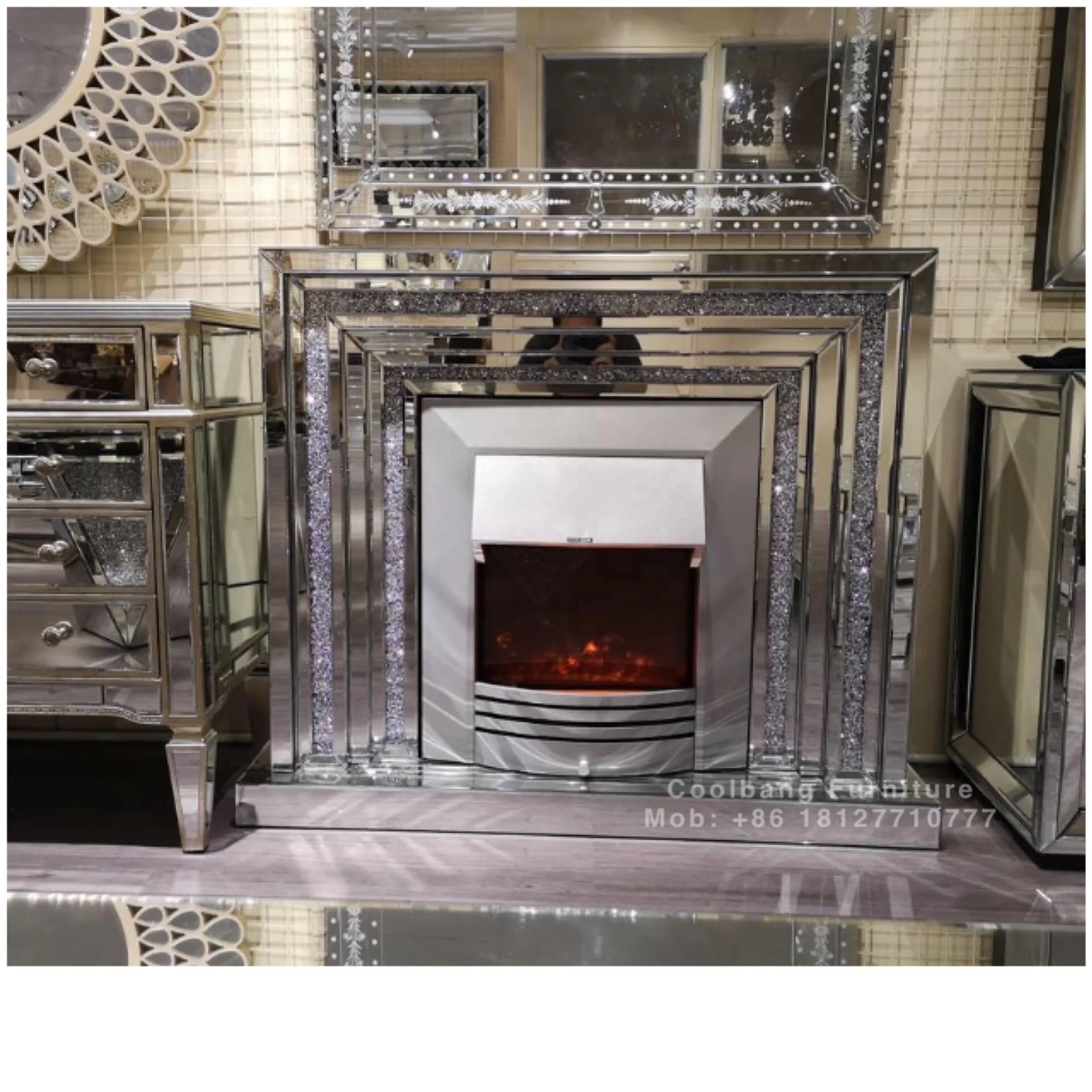 Sparkle Crystal Crushed Diamonds Mirrored Fireplace with Remote Control ...