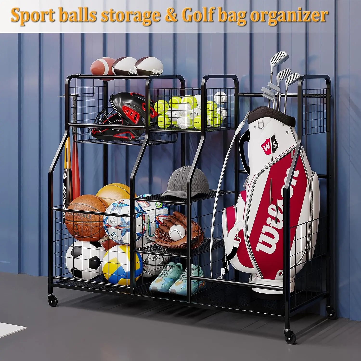 Golf Bag Metal Wire Vertical Display Rack Cart For Basketball Ball And ...