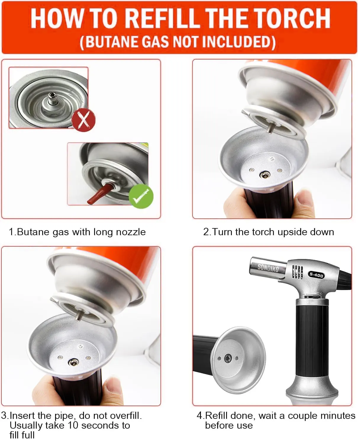 LAIWEI S400 Butane Torch Kitchen Blowtorch Lighter Refillable with ...