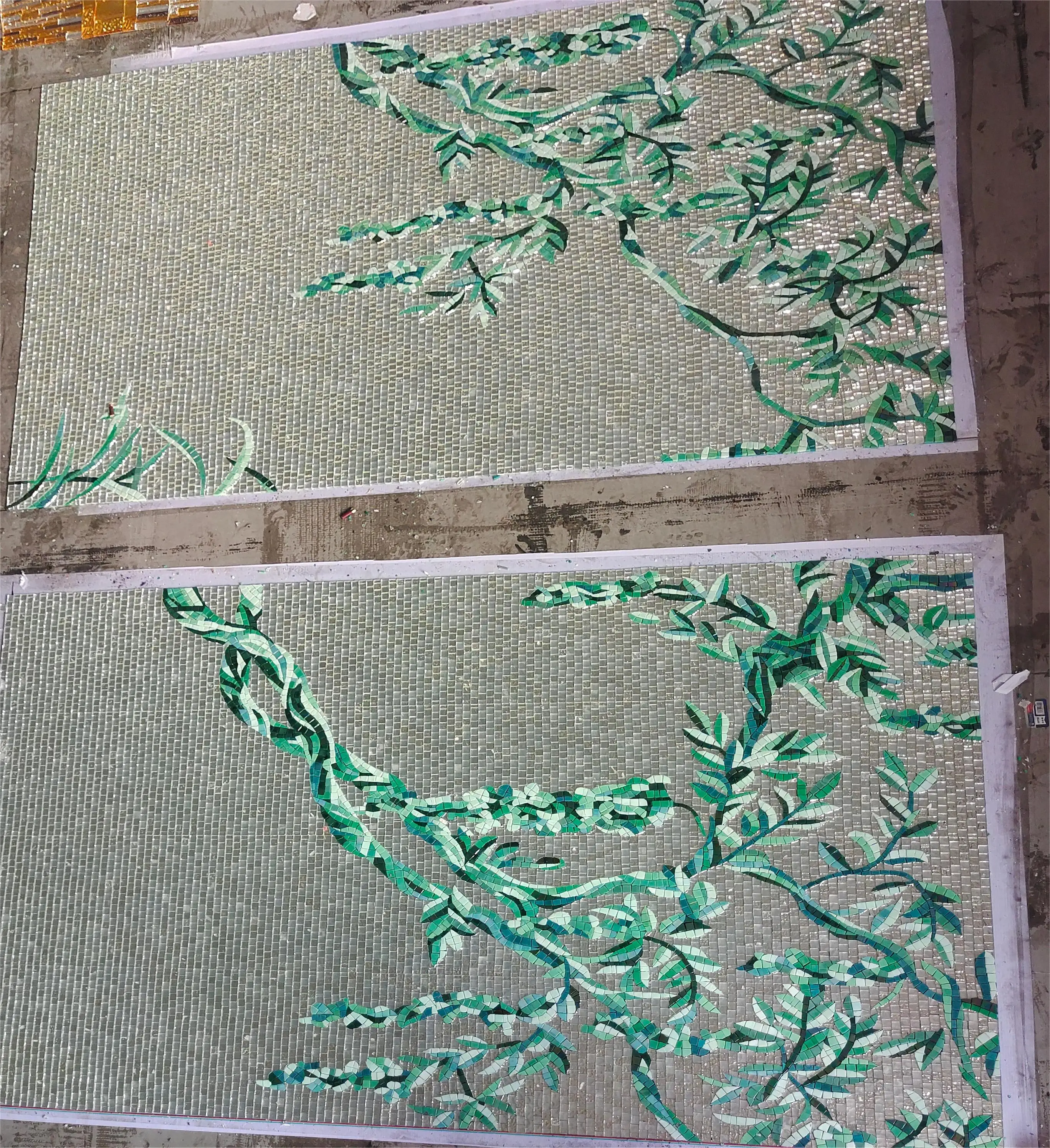 Modern Glass Blue Green Cutouts Mosaic Wall Art for Villa