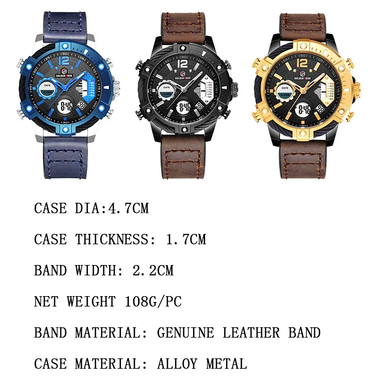 Golden Hour Quartz Dual Time Watch Men Date Week Alarm Multifunction ...