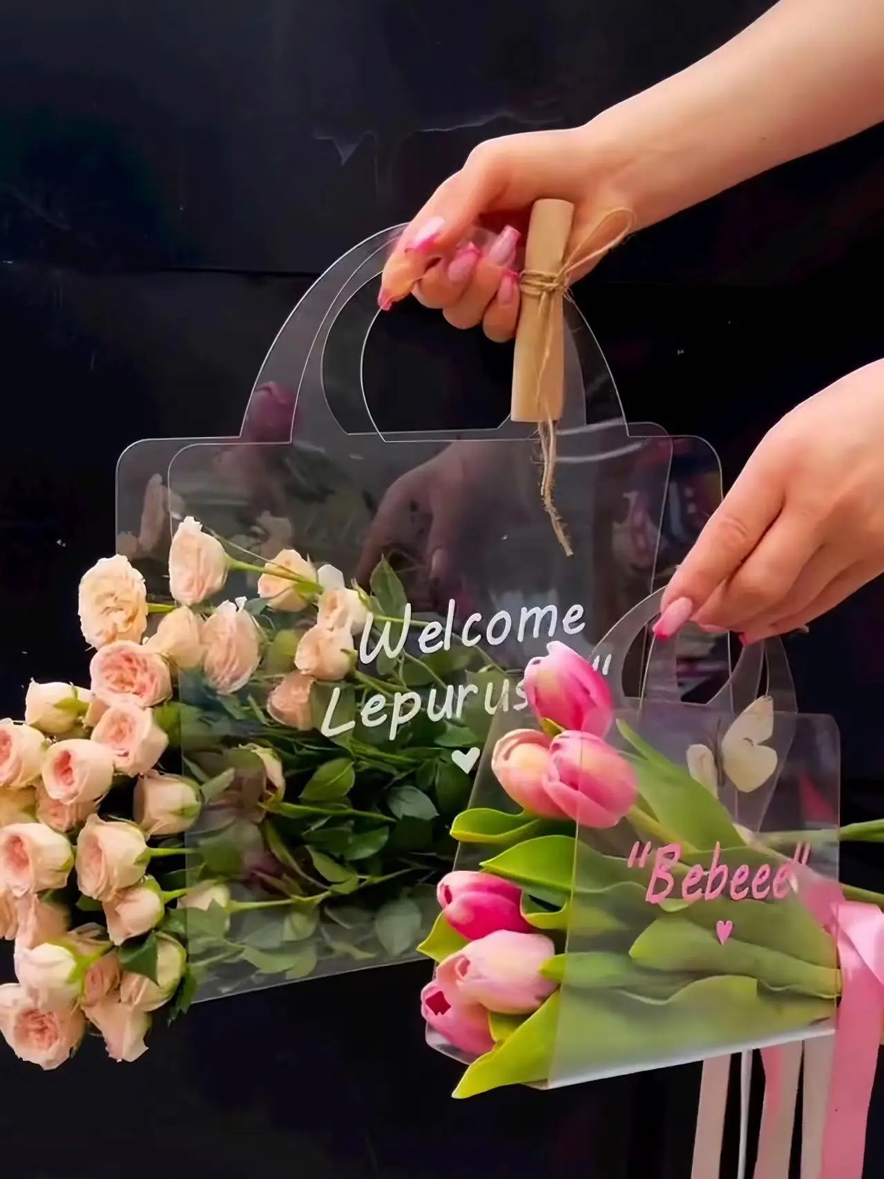 Transparent Gift Wedding Flower Packaging Tote Bag PVC
