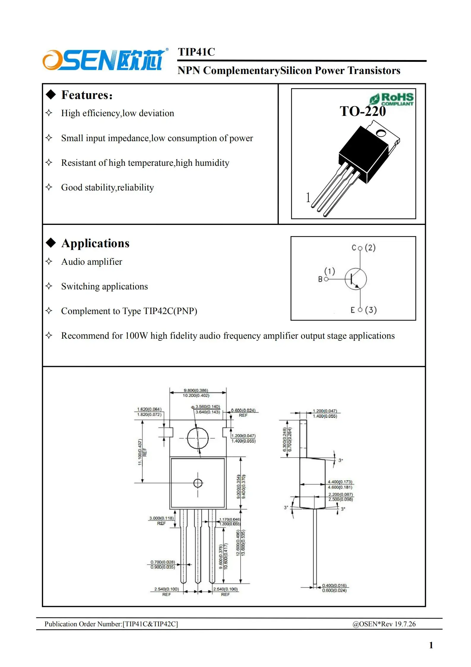 Tip41c To-220 100v 6a Npn Osen Bipolar Transistors - Buy Smd Transistor ...