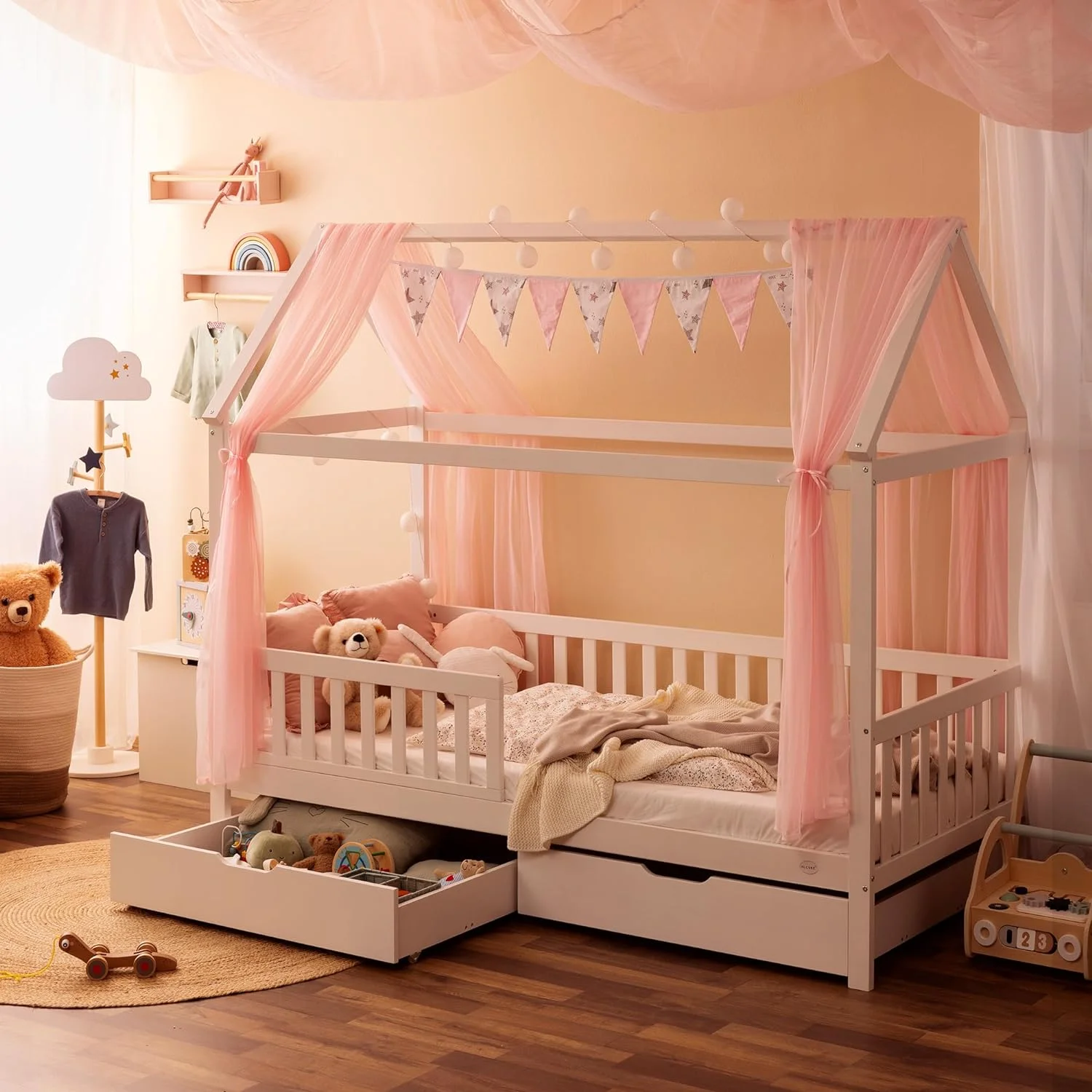 Solid Wood Kids House Bed With Storage Drawers Children's Bed For Boys ...