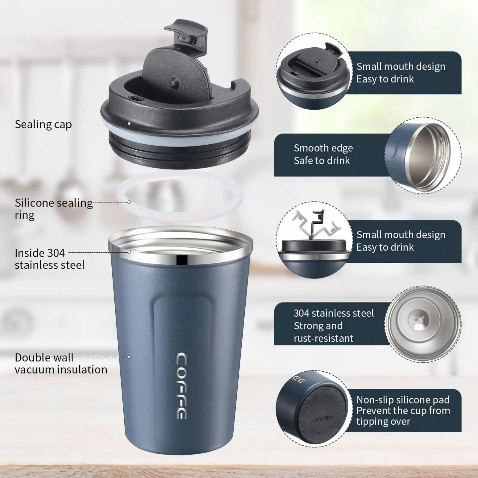 12 oz Stainless Steel Travel Coffee Flask Leak Proof Coffee Mug Spill ...
