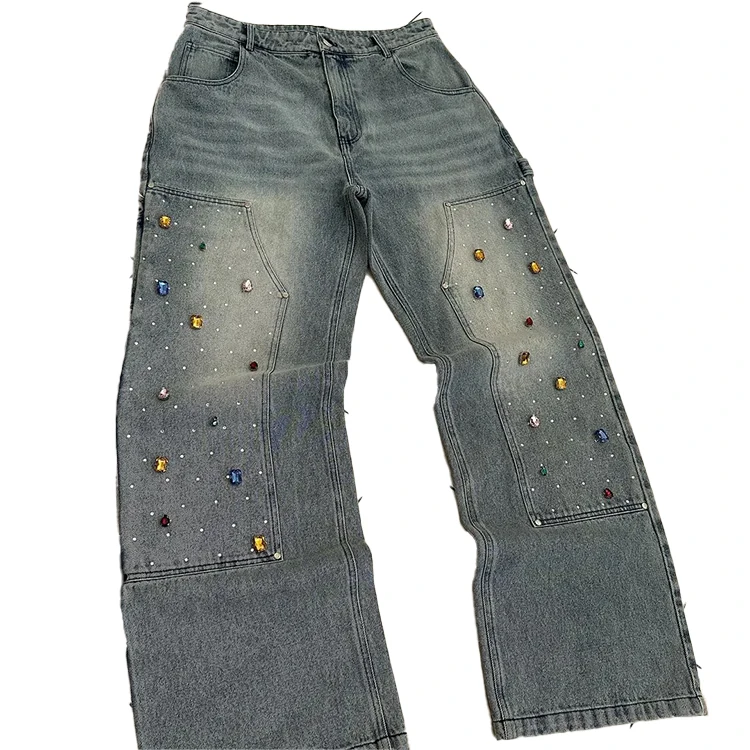 Rhinestone Jeans Pants - Streetwear with Double Knee Patch