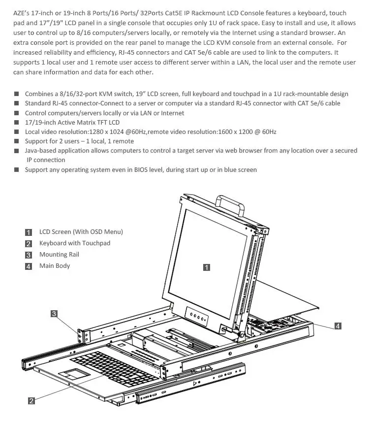 1U 19inch Rackmount Network IP Console - 8 Port KVM Switch