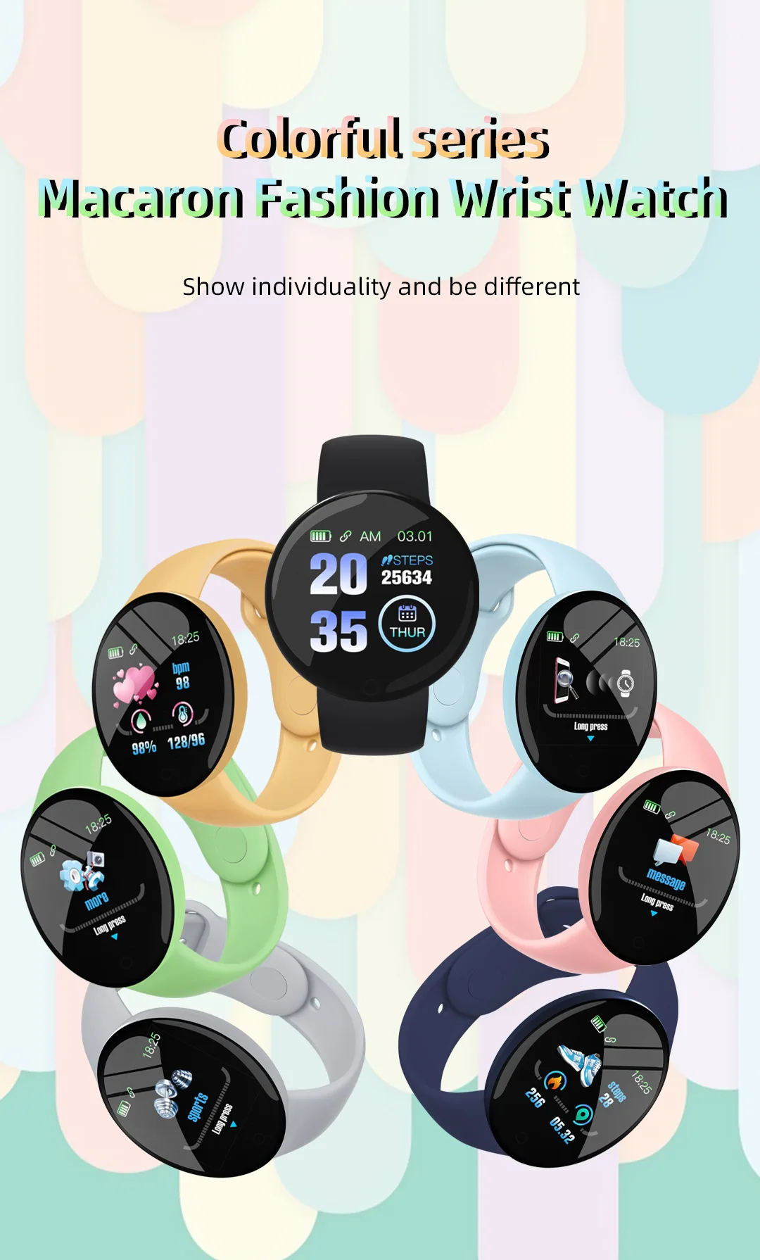 Wholesales D18S Macaron Smart Watch Bracelet Heart Rate and Step ...