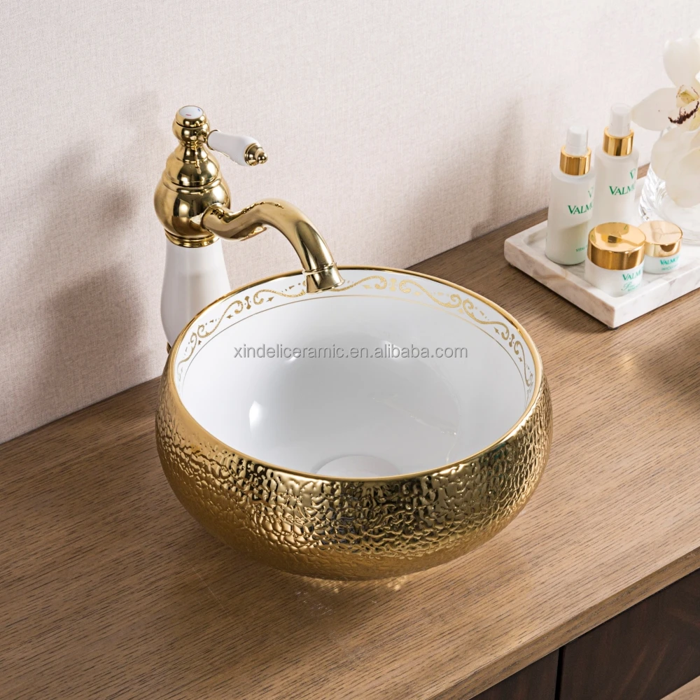 Plating Gold Vanity Small Round Ceramic Bathroom Sink