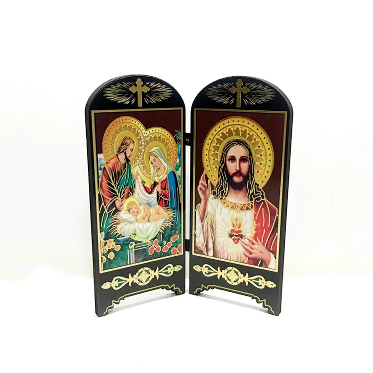 KOMI Religious Jesus Virgin Mary Small Screen Wood Table Ornaments