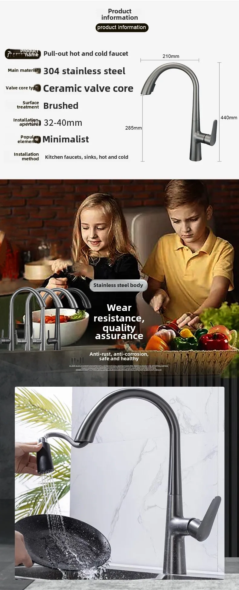 Modern Kitchen Faucet Gun Gray Pull-Out Hot Cold Tap Single Handle ...