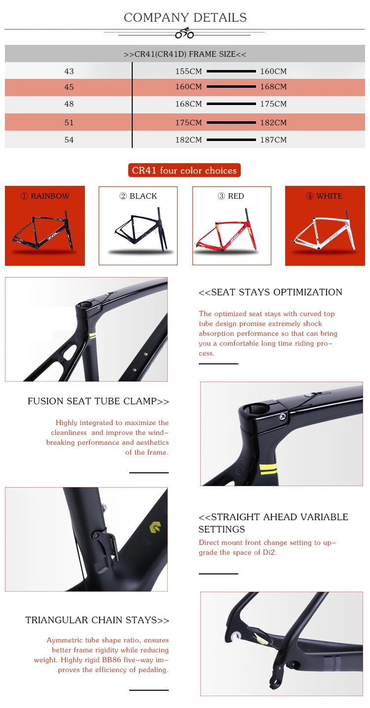 700c Road Carbon Fiber Racing Frame 430/450/480/510/540/570/600mm Zgl ...