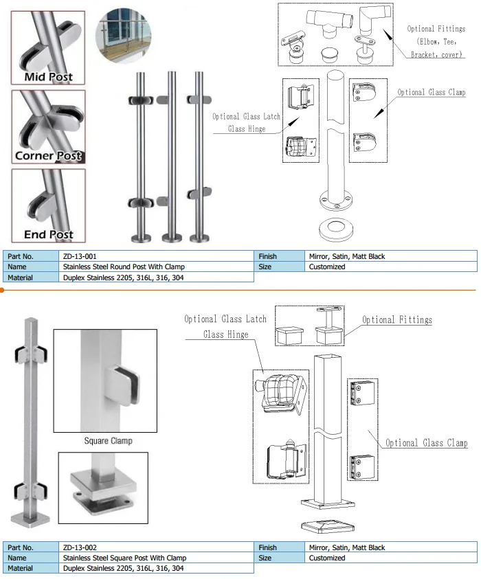 304 Handrail Balcony Stainless Steel Round Post Systems