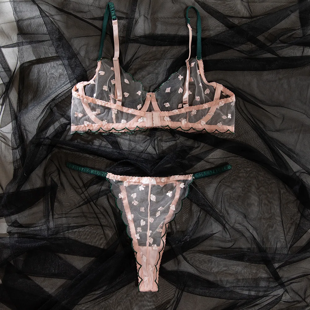 Women's Sexy Cross-Border Bra Set Card Embroidery Transparent Lace Low ...