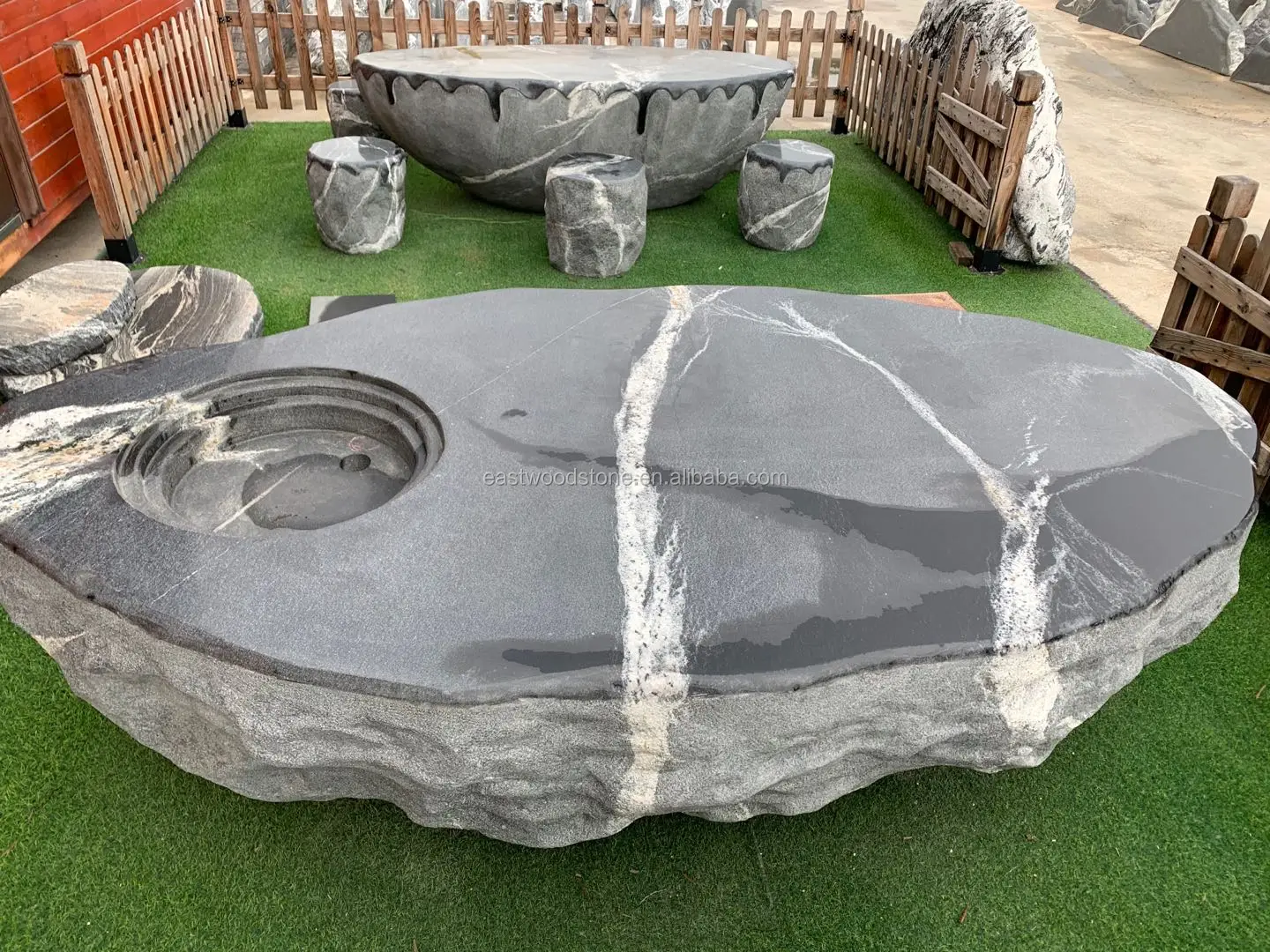 Natural Rock Stone Green Marble Table and Bench Sets for Garden