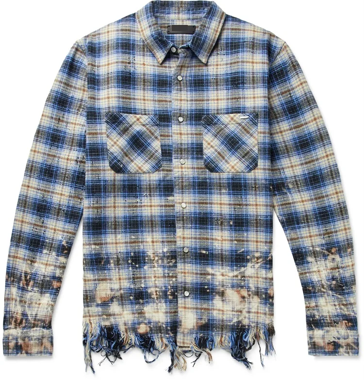 Custom Oversized Distressed Checked Cotton Flannel Mineral Acid Wash ...
