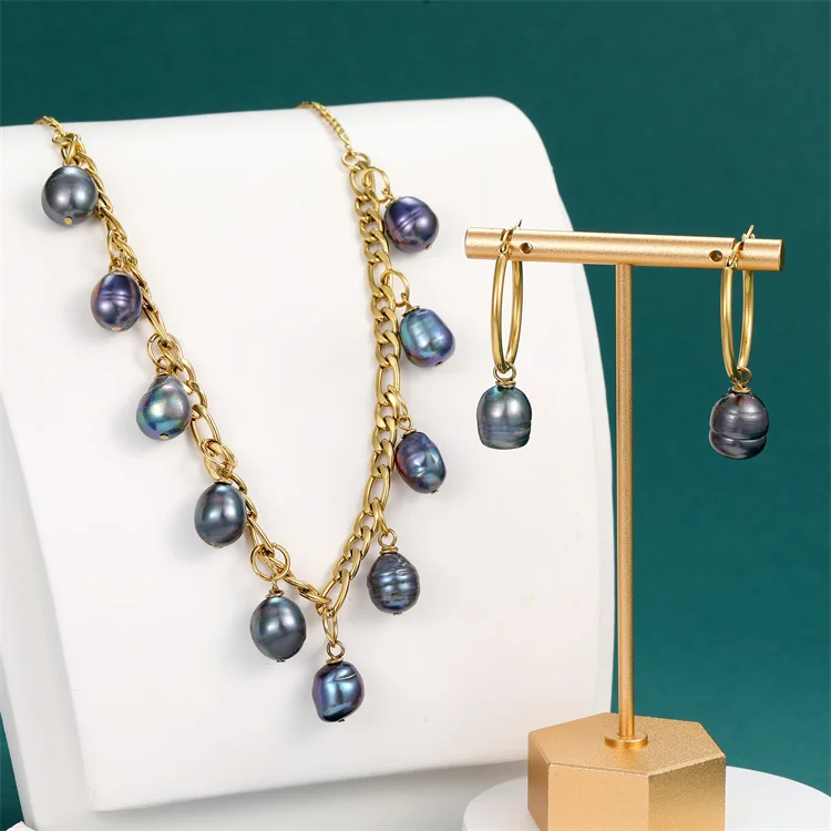 Hawaiian Pearl Set Freshwater Pearl Necklace Earrings Set Stainless ...