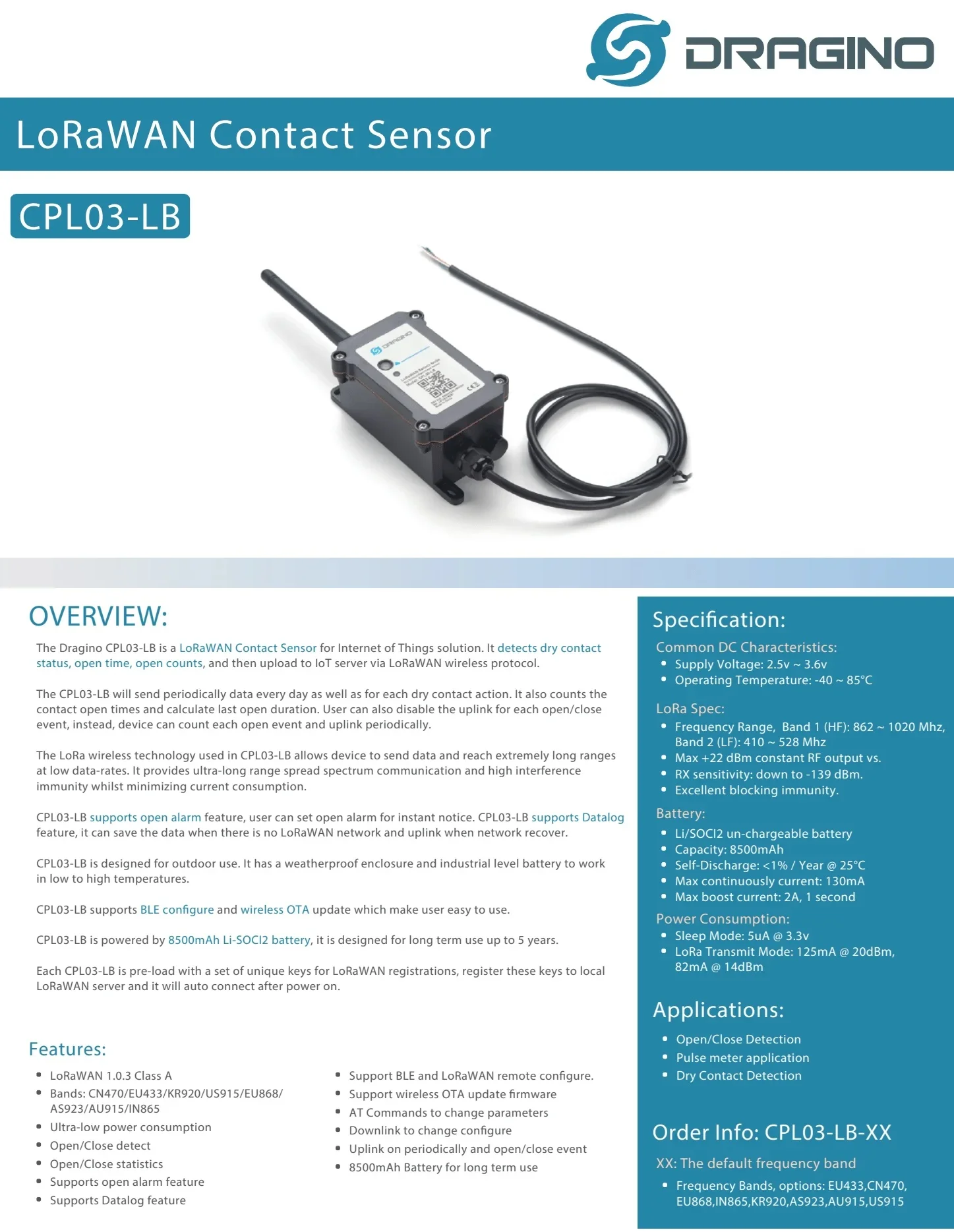 Dragino CPL03-LB Outdoor LoRaWAN Open/Close Dry Contact Sensor Support Open Alarm Feature ...