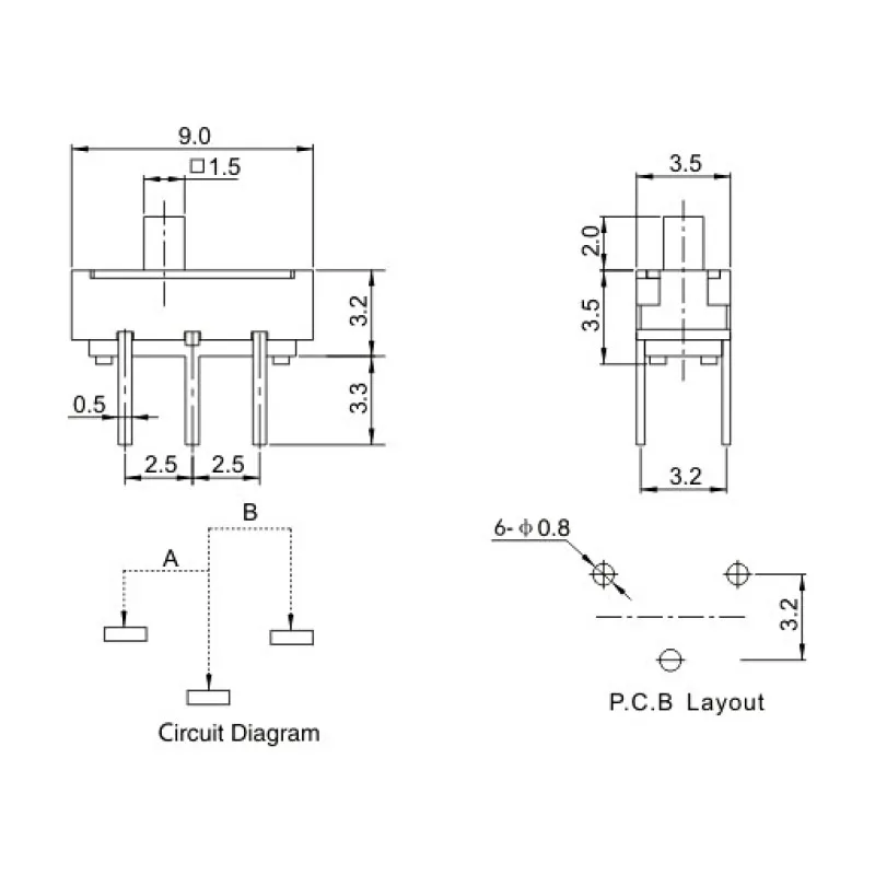Mss12d16 2p2t Slide Switch 2 Position Mss-12d16 Dip Miniature Switch 3 Pin Handle Height 2.0mm/3 ...