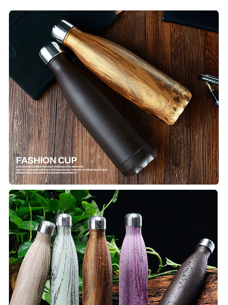 500ml Custom Cola Shaped Double Wall Wood Grain Stainless Steel Thermal ...