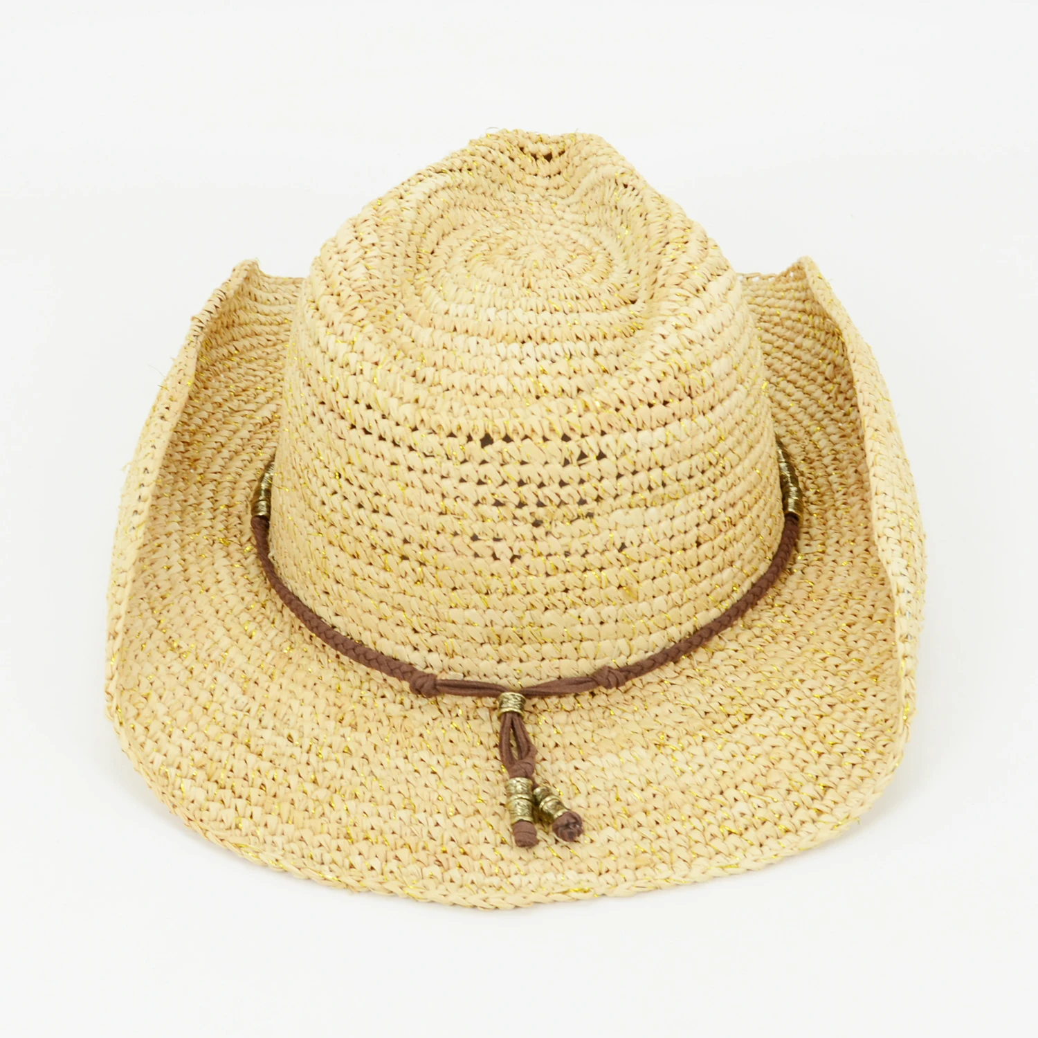 Handmade Crocheted Raffia Straw Cowgirl Hat With Beads Trimming - Buy ...