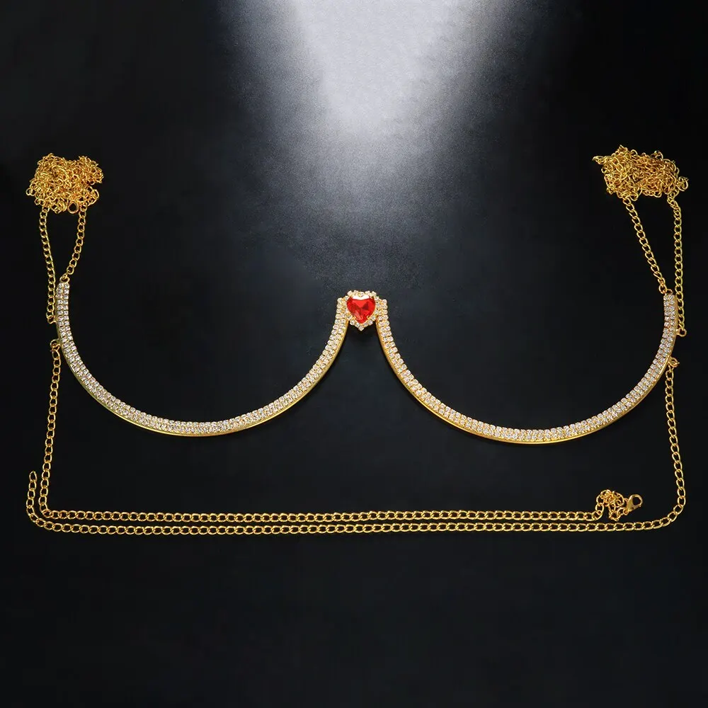 Stonefans Red Gem Heart Bar Chain For Women Shiny Nightclub Crystal ...