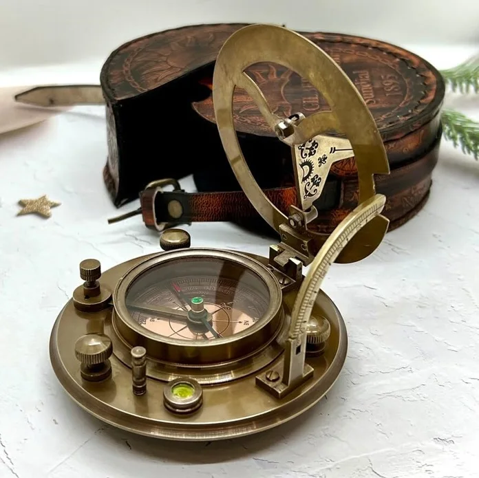 Brass Sundial Compass Round 2.5 Inch Antique Look With Leather Box Home ...