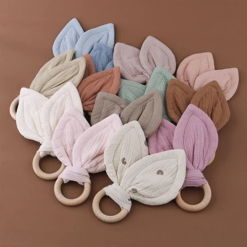 Natural Wood & Double Gauze Muslin Bunny Ear Baby Teething Ring Crinkle ...