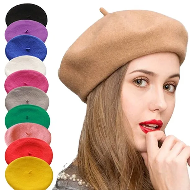 Women Girls Beret French Artist Warm Wool Winter Beanie Hat Retro Vintage Plain Beret Solid ...
