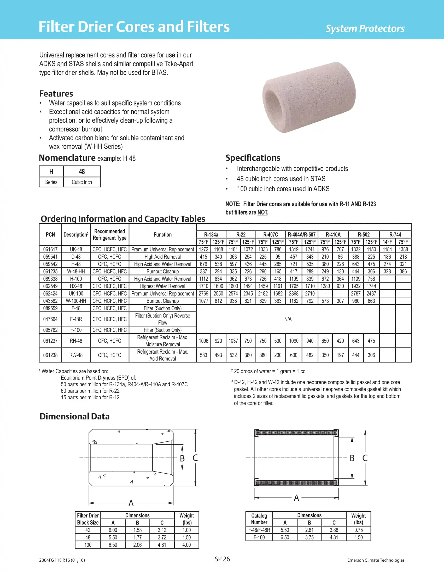 Refrigeration Suction Line Filter Drier Core,H-48 D-48 - Buy Emerson ...