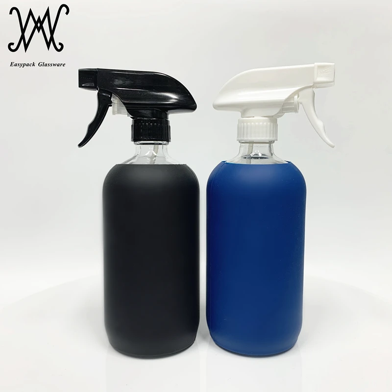 16oz Boston Round Spray Glass Bottle With Silicone Sleeve And Paper ...