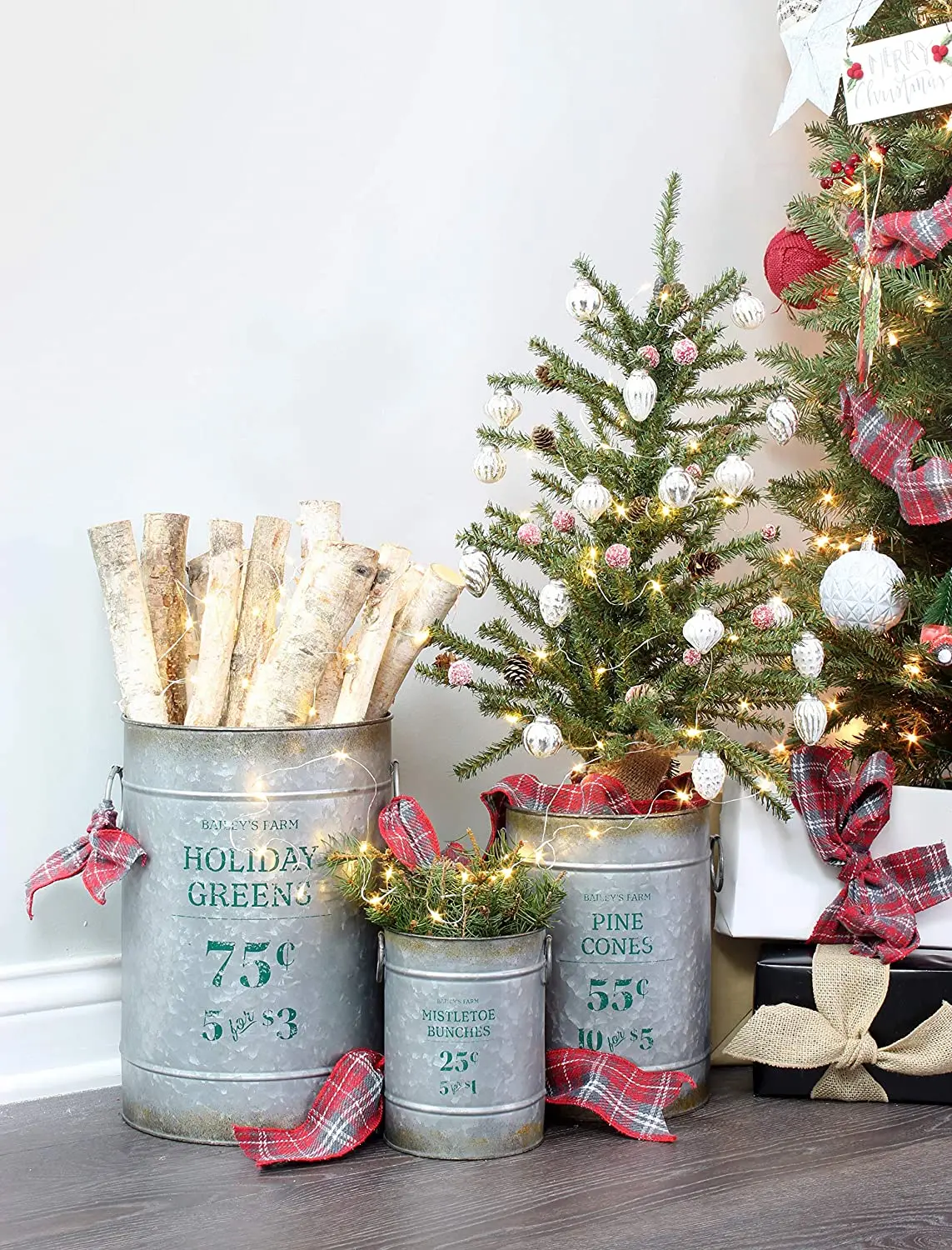 Christmas Gift Galvanized Greenery Pine Cones Metal Buckets