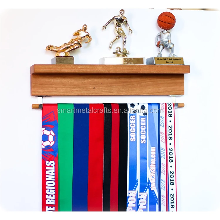 Custom Trophy Rack And Medal Display Wood Medal Hanger With Shelf Wall ...