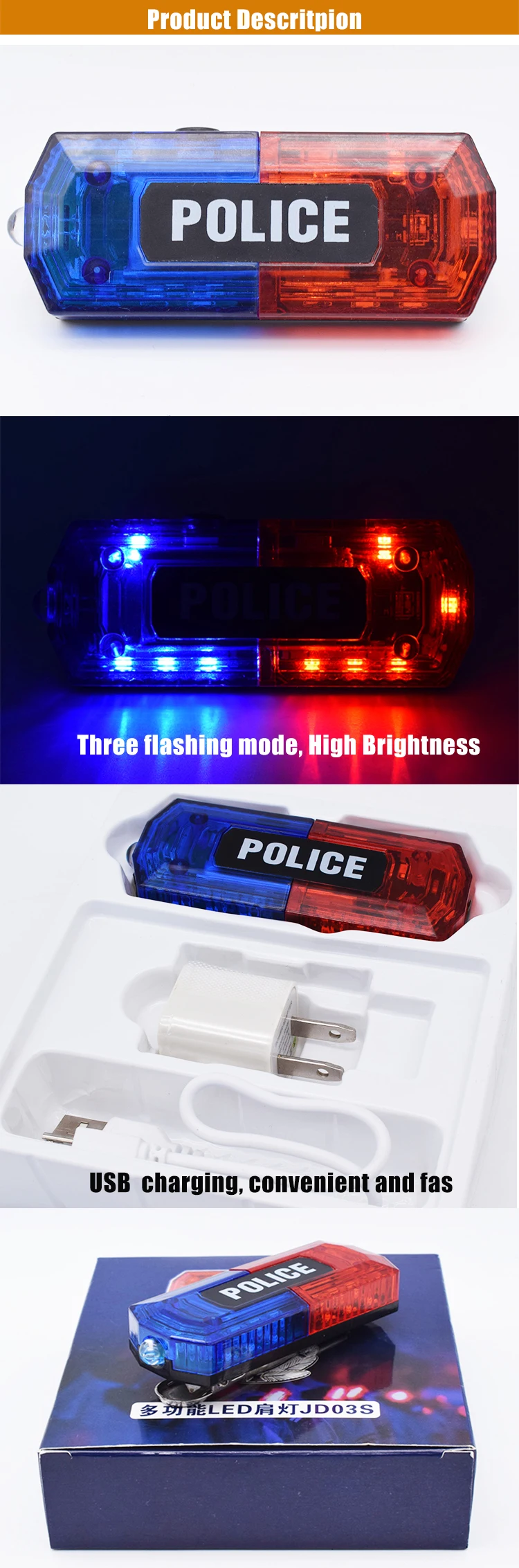Dk Led Mini Police Shoulder Security Warning Light Blue And Red Flash ...