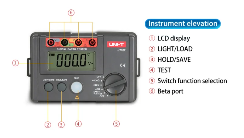 UNI-T UT522 Grounding Resistance Tester - Digital Earth Resistance Tester