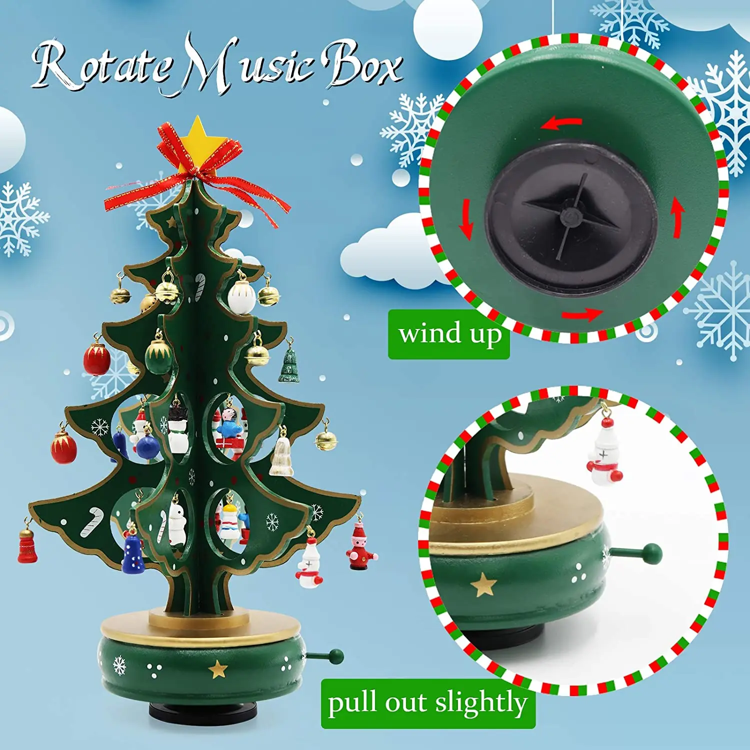 Christmas Tree Rotate Music Box With Ornaments Wooden Mini Christmas ...