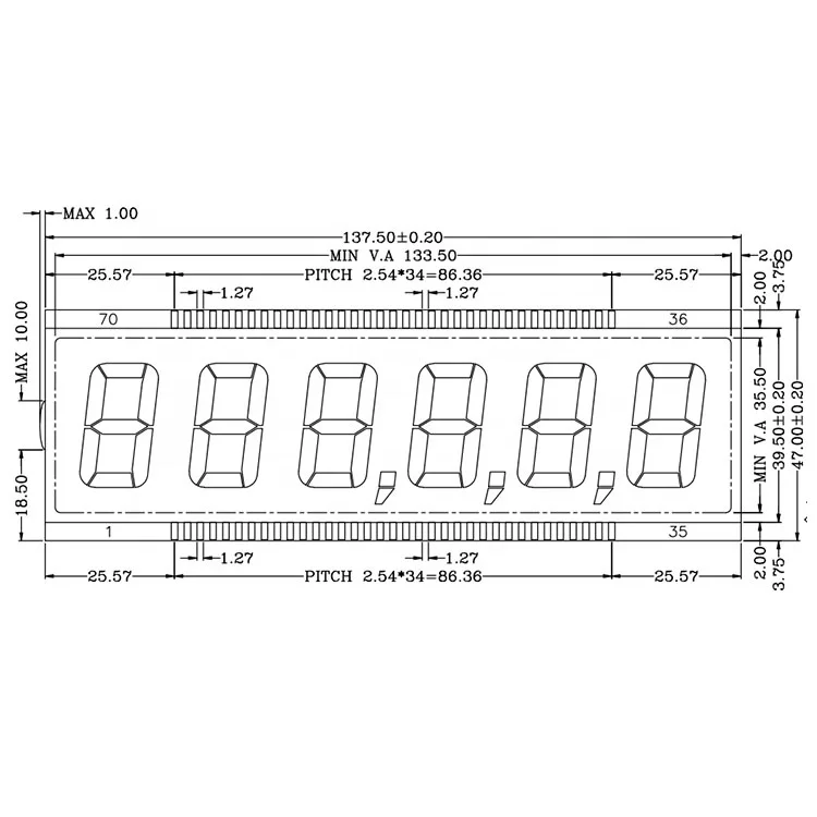 Custom Lcd Display Module 6 Digit 7 Segment Lcd Display 70 Pin For Fuel Dispenser - Buy 6 Digit ...