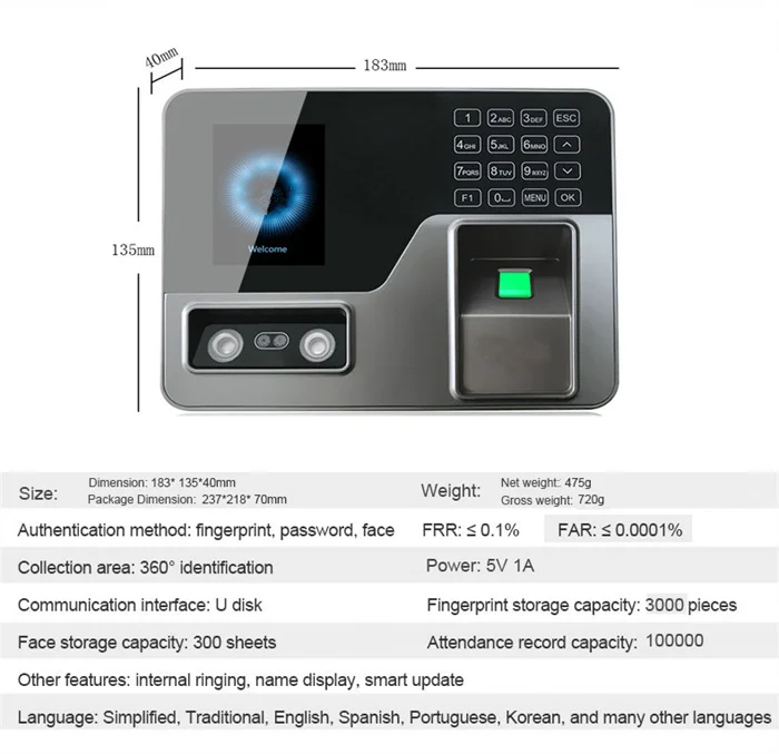 Fingerprint Biometric Clocking In Attendance Time Recorder Machine Face ...