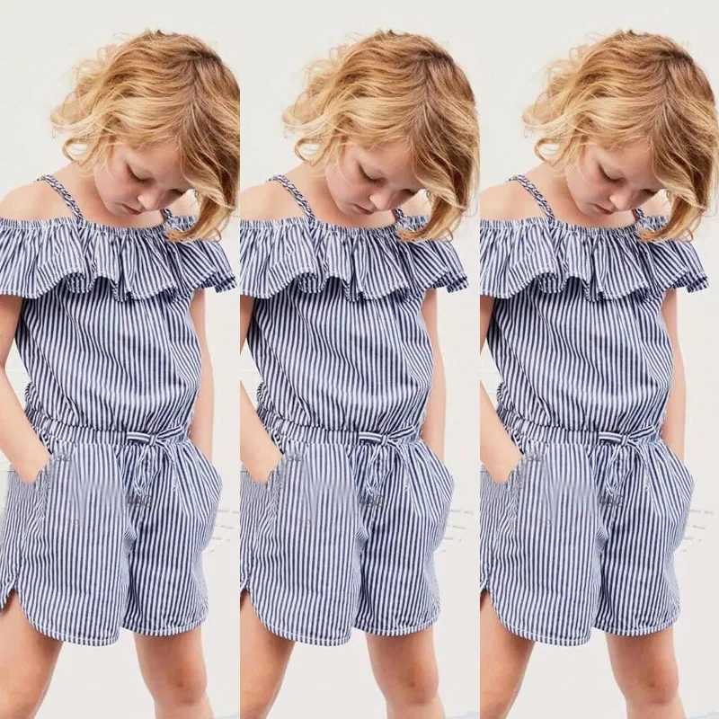 Striped Off Shoulder Pocket Rompers 1-6y Children Clothes Kids Little ...