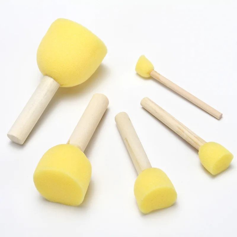 Round Foam Sponge Kids Diy Paint Brush Art Supplied Wooden Handle Foam Sponge Paint Brush Set ...