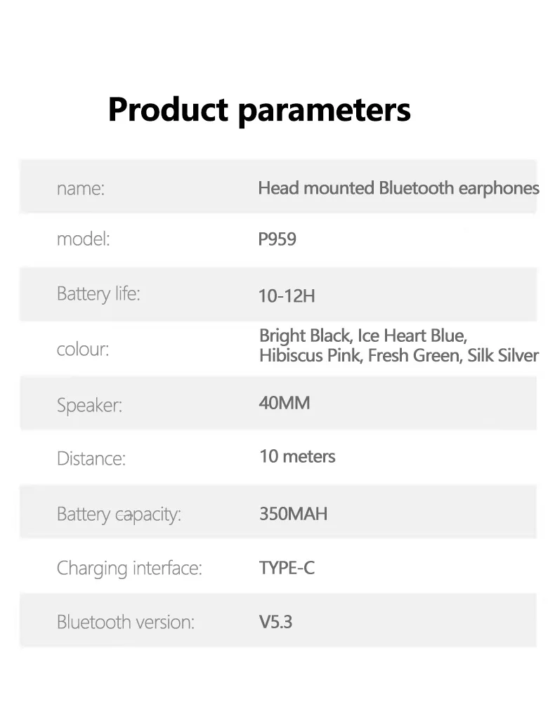 P959 Wireless BT Headset - Stereo Gaming Headphones for Apple