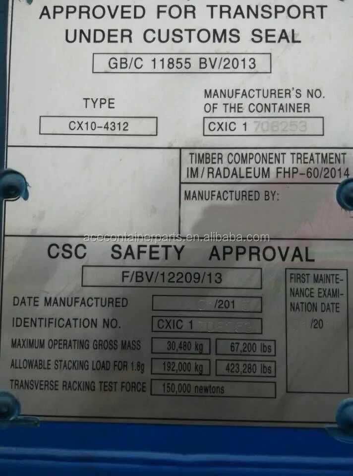 Ace Stainless Steel Csc Plate For Iso Shipping Containers ...