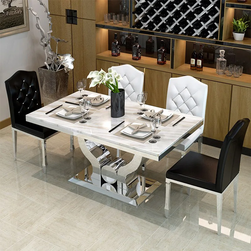 Stainless Steel Dining Table Set with Marble Base