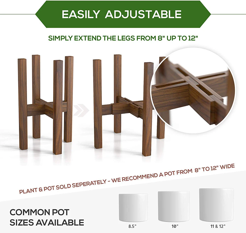 Mid Century Plant Stand Acacia Wood Square Pole Legs- Adjustable Modern ...