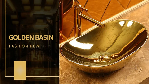 Royalkatie Ceramic Lobby Sink - Luxury Gold Black Basin