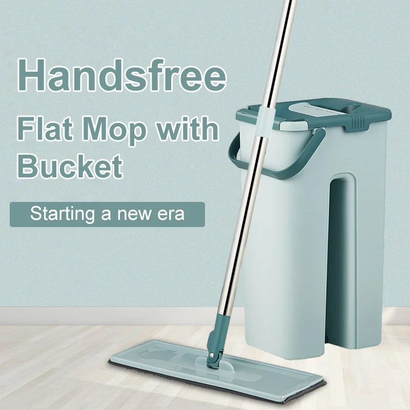 Magic Wet and Dry Flat Mop with Bucket Set Lazy Handsfree Mop with No ...