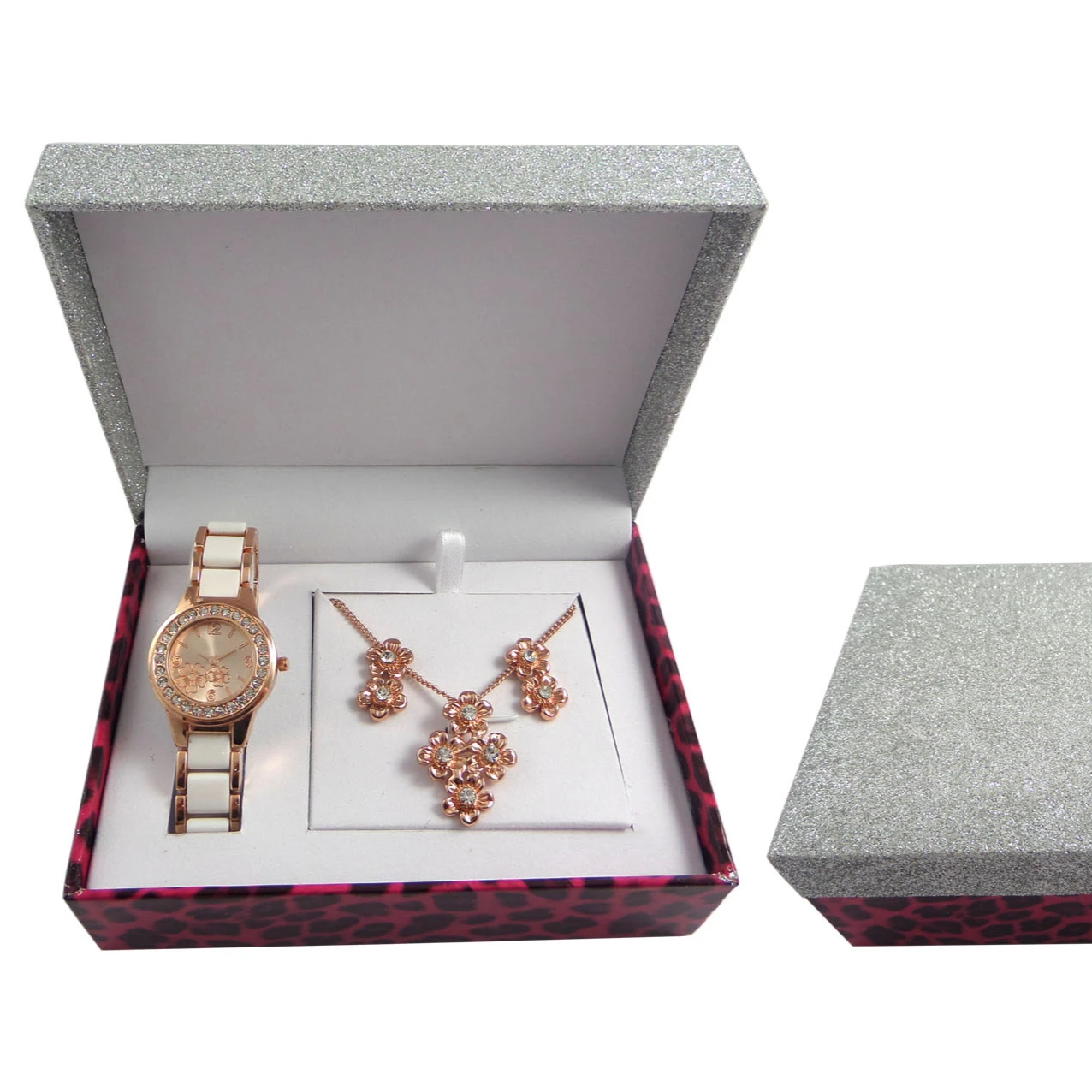 Silver Plated Jewelry Watch Bling Diamonds Bracelet Necklace Earrings ...