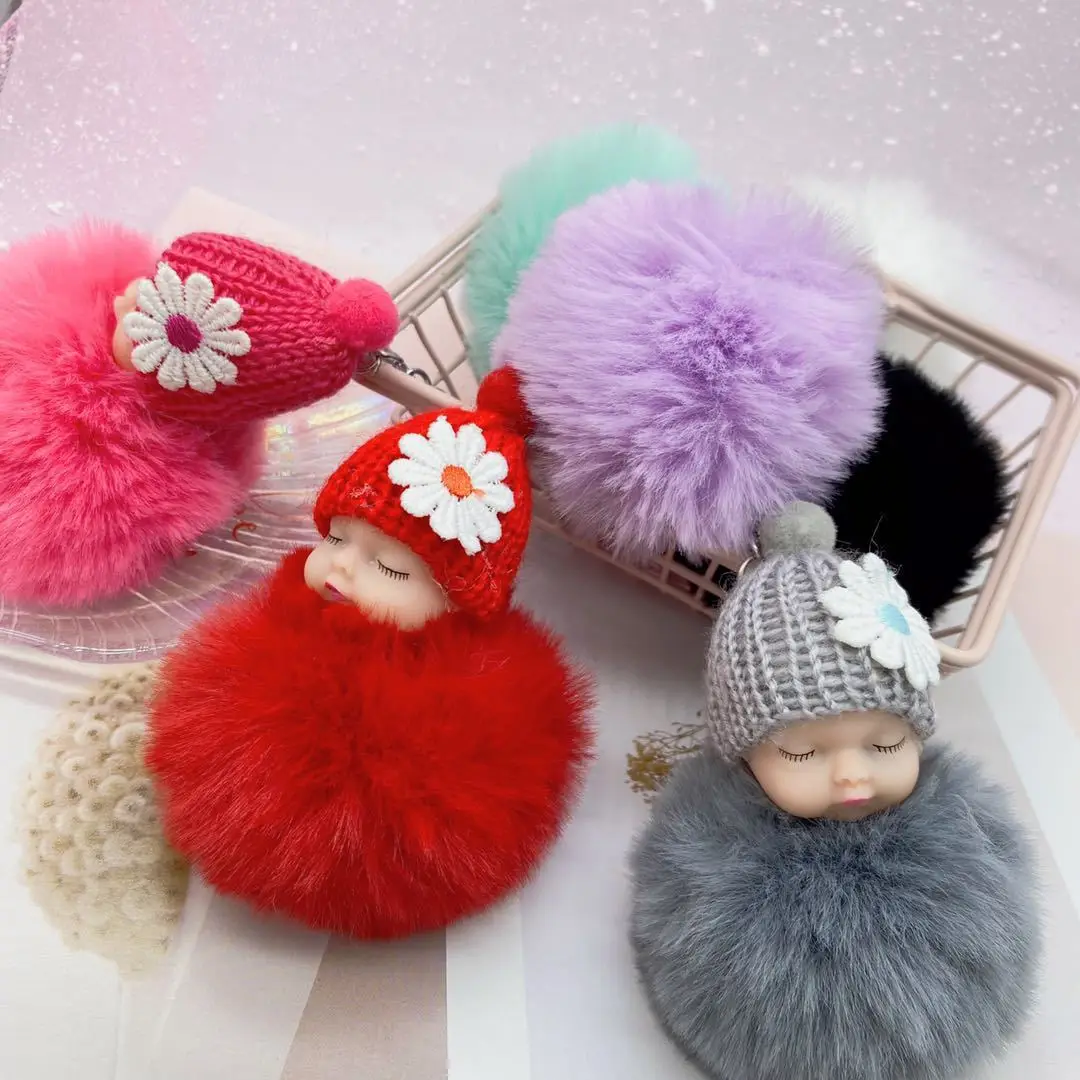 Cute 8cm Sleeping Baby Doll Keychain Pompom Rabbit Fur Ball Key Chain ...