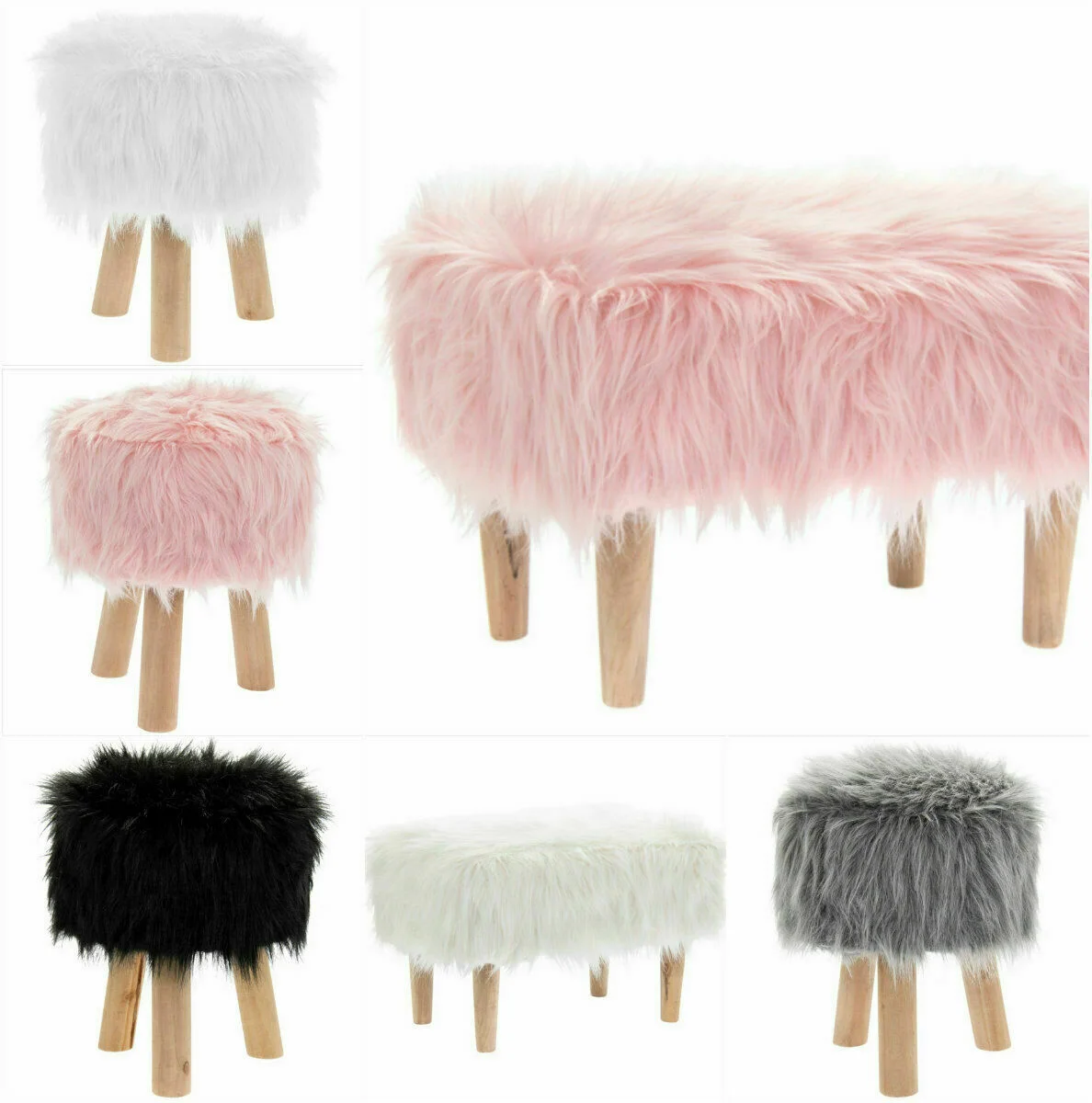 Faux Fur Wooden Foot Stool Furry Rest Home Decor Vanity Seat Luxury ...