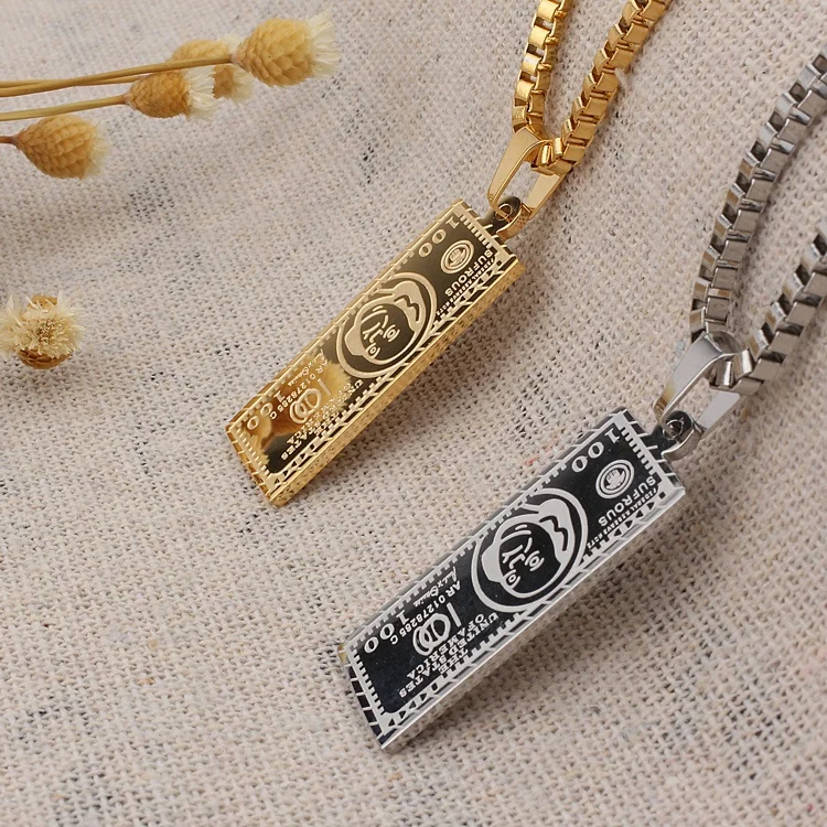 Hundred $100 Dollar Bill Pendant Necklace Gold Color Stainless Steel ...
